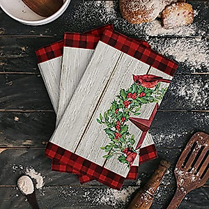 Yun Nist Kitchen Dish Towels,Xmas Western Star Cardinal Soft Microfiber Dish Cloths Reusable Hand Towels,Holly Berry Farm Plank Red Buffalo Plaid Washable Tea Towel for Dishes Counters 1 Pack