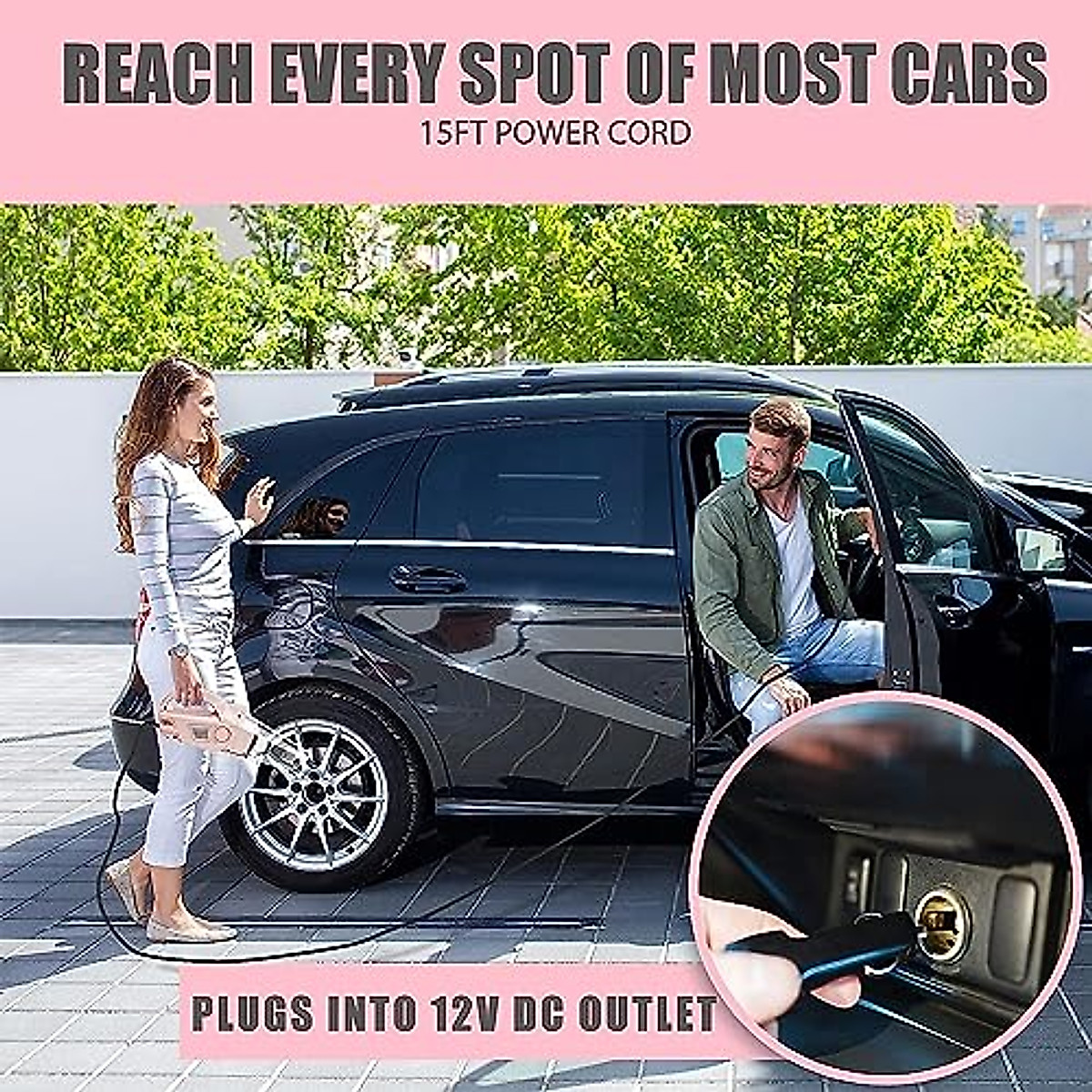 VARSK 4-in-1 Car Vacuum Cleaner High Power, Tire Inflator Portable Car Vacuum with Digital Tire Pressure Gauge LCD Display and Light, 12V DC, 15FT Cord, Pink Car Accessories for Women, Gifts for Her