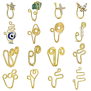 16 Pcs Multi-Style Fake Septum Fake Nose Ring Hoop- African Nose Cuff Non Piercing Nose Cuffs for Non Pierced Nose - Fake Nose Rings Hoops- Fake Nose Ring Stud - Clip on Nose Ring for Fake Piercing