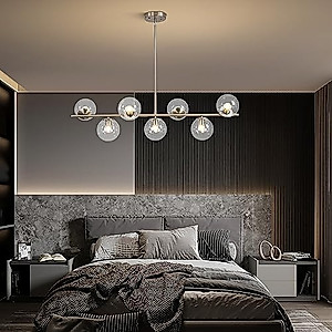KCO Lighting Modern 7-Light Brushed Nickel Metal Large Chandelier Nordic Clear Glass Globe Farmhouse Pendant Light Silver Minimalist Adjustable Kitchen Island Hanging Ceiling Lights