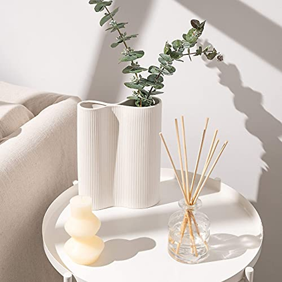 Luxe Infinity White Vase. 9” Ribbed Vase for Flowers. Organic Modern Home Decor. Pampas Grass Vase. Fluted Vase. Modern Vase. Aesthetic Vase. Tall White Flower Vase for Decor. White Ceramic Vase