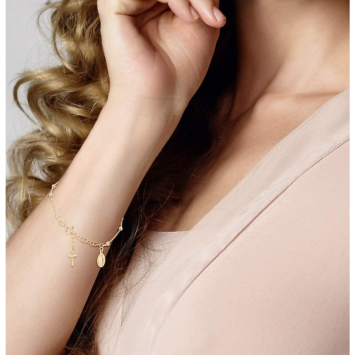 Miabella 18K Gold Over Sterling Silver Italian Rosary Cross Bead Charm Link Chain Bracelet for Women, Adjustable, 925 Made in Italy (Length 7 to 8 Inch)