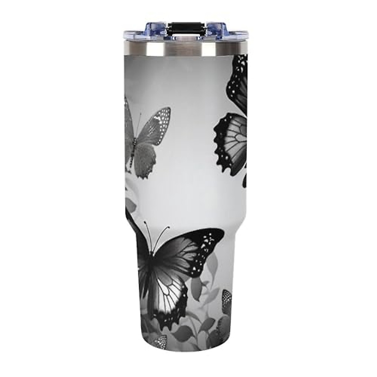 Black Gray Butterflies Insulated Stainless Steel Travel Mug, 40 Oz Tumbler with Handle And Straw Double-Wall Vacuum Coffee Cup, Leak-Proof Lid, Keeps Drinks Hot/Cold for Hours