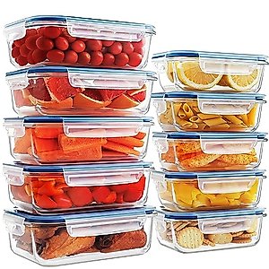 HOMBERKING 10 Pack Glass Meal Prep Containers, Glass Food Storage Containers with Lids, Airtight Glass Lunch Bento Boxes, BPA-Free & Leak Proof, 36oz & 14oz (10 lids & 10 Containers) - Blue