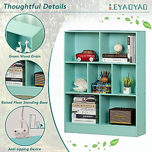 LEYAOYAO 7 Cube Bookshelf with Base,3 Tier Modern Mint-Green Kids Bookcase,Standing Wide Bookshelves Storage Organizer Toy Shelf,Wood Display Children's Book Shelves for Bedroom,Living Room,Nursery