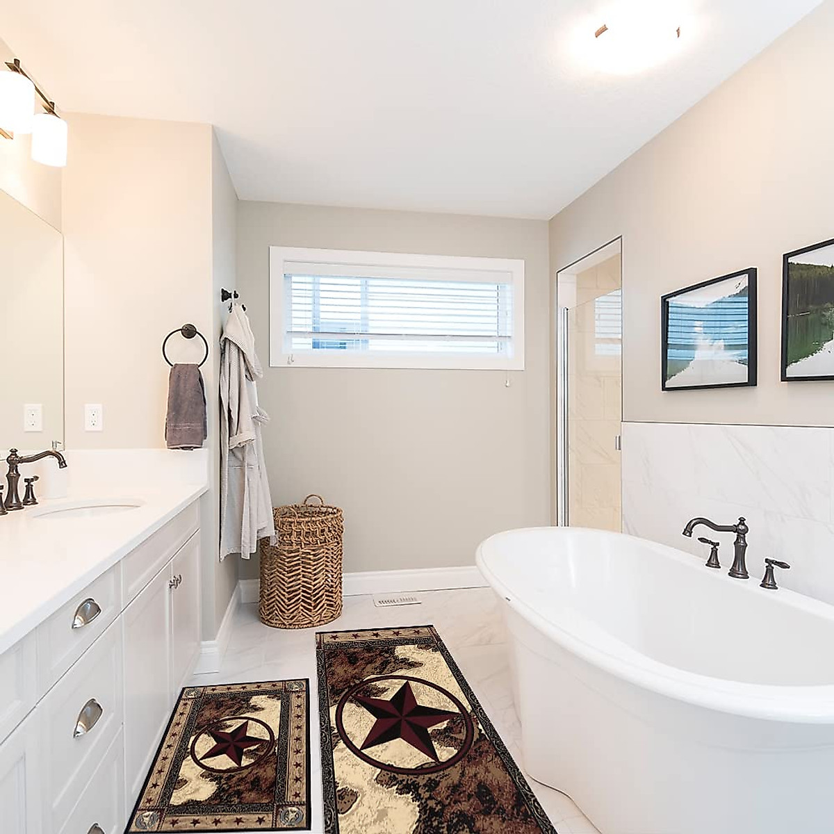 2 Pieces Non-Slip Vintage Style Kitchen/Bath Rug Runner Mat, Super Absorbent Rugs, Washable Carpet Kitchen Mats 15.7x23.6inch+15.7x47.2inch, Western Texas Star on Wood Panel Rustic