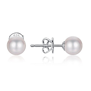 Pearl Stud Earrings for Women 925 Sterling Silver Sensitive Genuine 6mm White Real Round Freshwater Cultured Pearls Everyday Earrings Studs Ladies