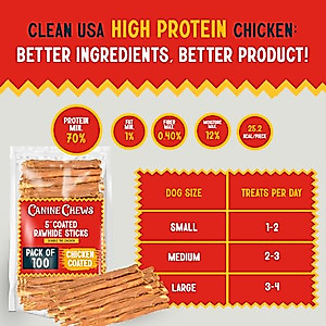 Canine Chews 5" Double Chicken Coated Dog Chew Sticks 100% USA Chicken Coated Chew Sticks for Dogs - Dog Chicken Treats Rawhide Bones for Small Dogs & Medium Dogs - Chicken Wrapped Dog Treats (100pk)