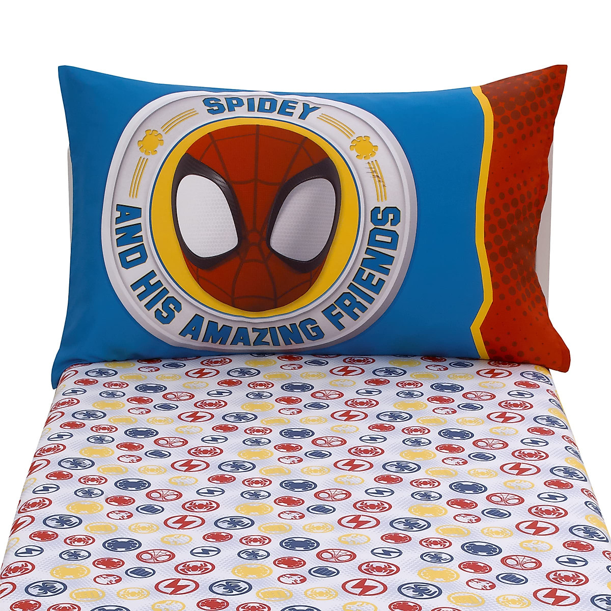 Marvel Spidey and His Amazing Friends Blue, Red, Yellow, and Green, Team Up 2 Piece Toddler Sheet Set