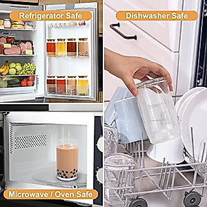 Drinking Glasses with Bamboo Lids and Glass Straw-16oz Can Shaped Glass Cups,Beer Glasses,Iced Coffee Glasses,Ideal for Cocktail,Whiske,Soda,Bubble Tea,Juicing, Smoothies(12pcs Set+2 Cleaning Brushes