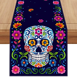 Linen Dia De Los Muertos Table Runner 72 Inches Long Day of The Dead Tablecloth Mexican Fiesta Themed Party Decorations and Supplies for Home Kitchen Dining Room Table