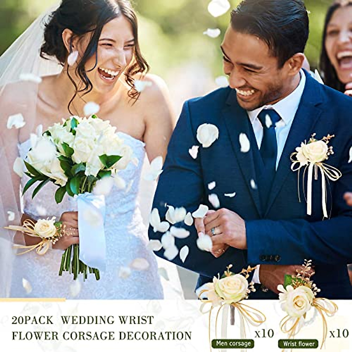 20 Pcs Rose Wrist Corsage and Boutonniere Set Flower Wrist Corsage Wristlet Band Bracelet Bridegroom Men's Boutonniere Wedding Wristlet Hand Flower for Prom Party Bouquets Accessories (Champagne)