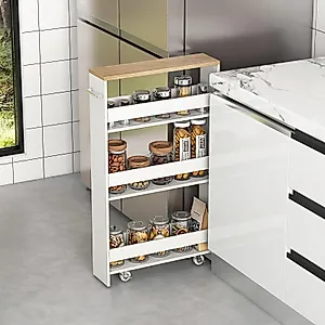 COSTWAY Slim 4-Tier Rolling Utility Cart, Wooden Shelving Unit with Handle & Wheels, Ideal for Small Spaces