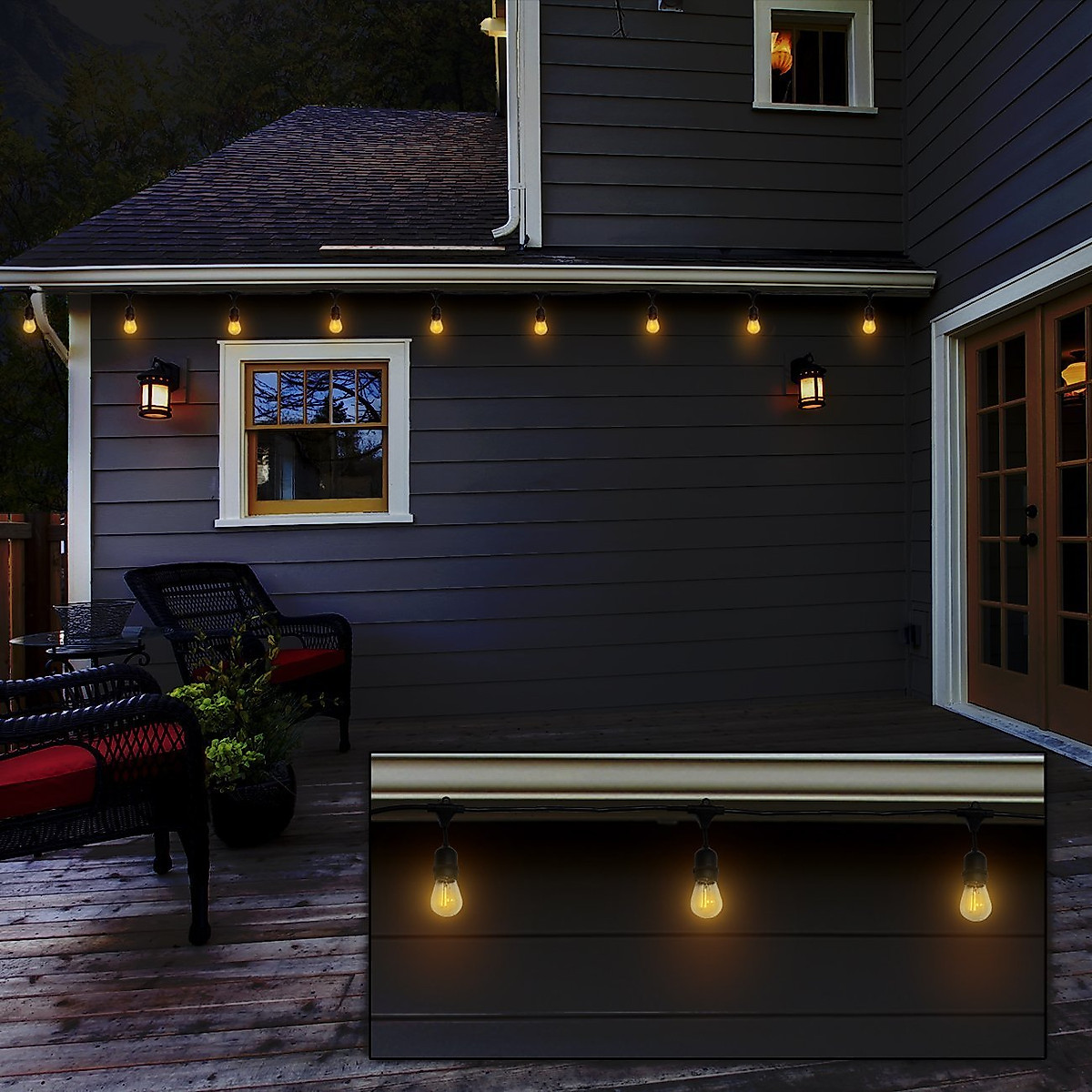 Outdoor String Lights 48 Ft, Commercial Grade Outdoor Light Strand with Hanging Sockets - Weatherproof Strand for Patio Garden Porch Backyard Party Deck Yard, 15 light bulbs included – Black