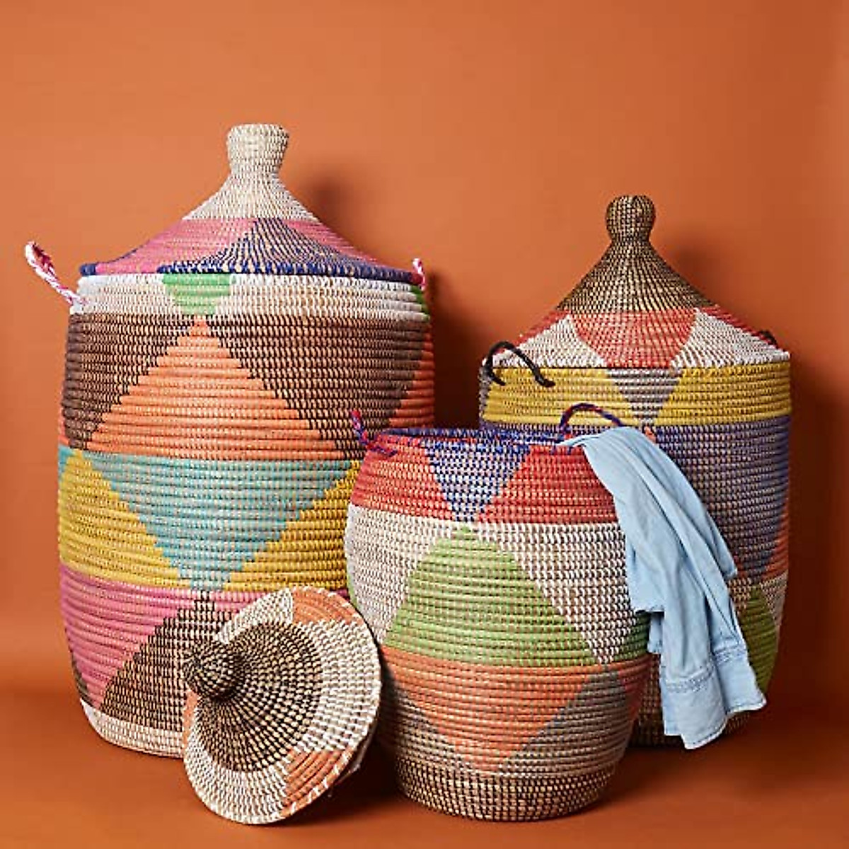 Senegal Extra Large Hand Woven Grass Colorful Triangle Basket with Hooded Lid