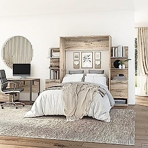 Bestar Cielo Full Murphy Bed with Nightstands and Floating Shelves (99W) in Rustic Brown and White, Sleeping Arrangement for Multipurpose Room