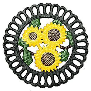 Sungmor Heavy Duty Cast Iron Trivet,Decorative Painting Trivet for Kitchen or Dinning Table,7.5x7.5 Inch - Round with Vintage Lovely Sunflower Pattern