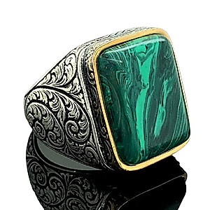 Malachite Gemstone Ring, Men Handmade Ring, Turkısh Handmade Ring, Embroidered Ring, Ottoman Jewelry