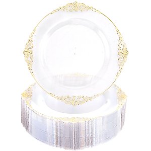 Morejoy 100 Pieces Gold Plastic Plates - Clear Gold Disposable Plates - 10.25inch Clear Plastic Dinner Plates With Gold Rim for Weddings & Parties & Shower