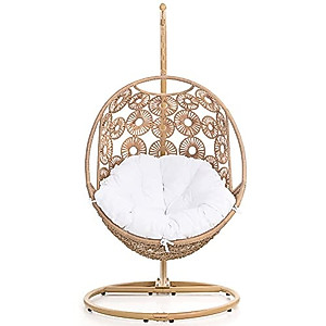 Zuri Furniture Modern Bay Tan Basket Swing Chair White Cushion with Stand
