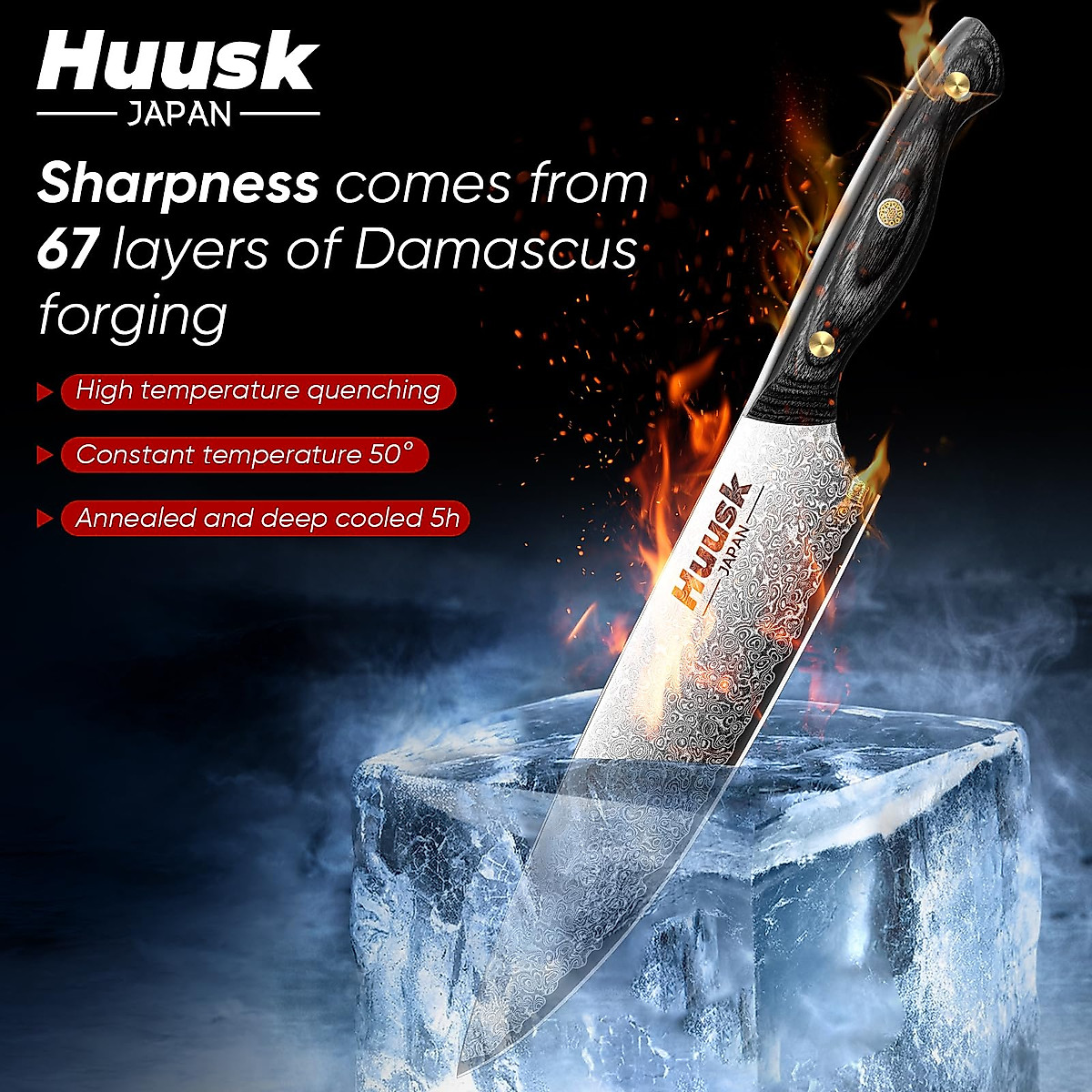 Huusk Damascus Chef Knife Set 3 PCS，VG10 Santoku Knife set，Damascus Kitchen Utility Knife set with Wooden Handle, Versatile Knife for Vegetable Fruit Meat, Birthday Dad Mom Gift