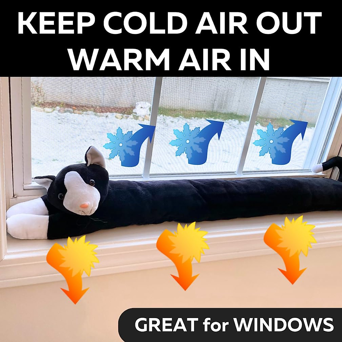 Evelots Under Door Cat Draft Stopper - Weighted - Keep Cold Air, Warm Air Out - Odor, Noise, Dust, Wind Blocker - Great for Window - Full 38 Inch Long - Heavy Duty Kitty Cat - Hanging Loops