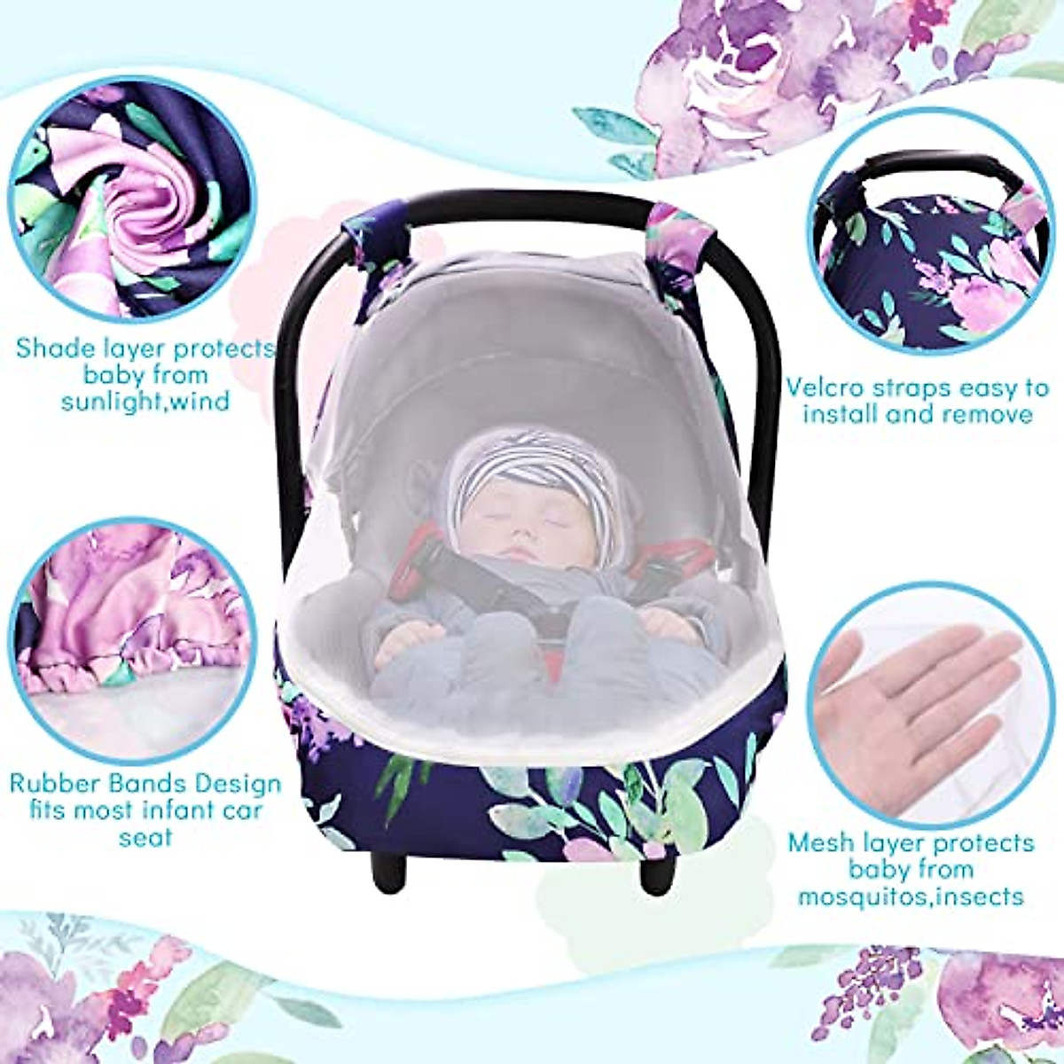 Car Seat Cover & Carseat Headrest Strap Covers for Babies, Summer Cozy Sun & Warm Cover, Purple Flower