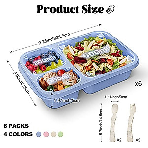 6 Pack Lunch Containers for Kids, 3 Compartment Bento Lunch Box, Reusable Food Storage Bento Box Meal Prep Containers for School, Work and Travel with Forks and Spoons