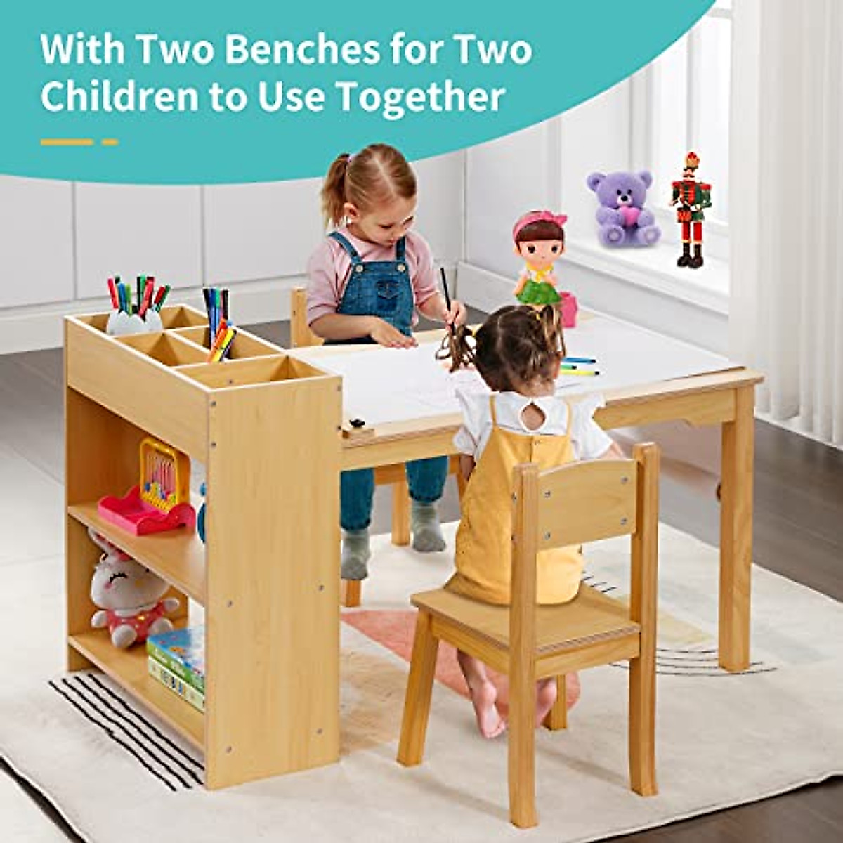 Kids Art Table, Wooden Kids Craft Table for Playroom, Kids Activity Table with 2 Chairs, 4 Storage Baskets, 2 Rows of Storage Racks and Paper Rolls (Wood)