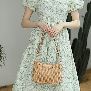 Herald Small Handmade Straw Crossbody Bag for Women, Summer Chic Woven Handbag Shoulder Purse with Chain & Guitar Strap (Coffee)