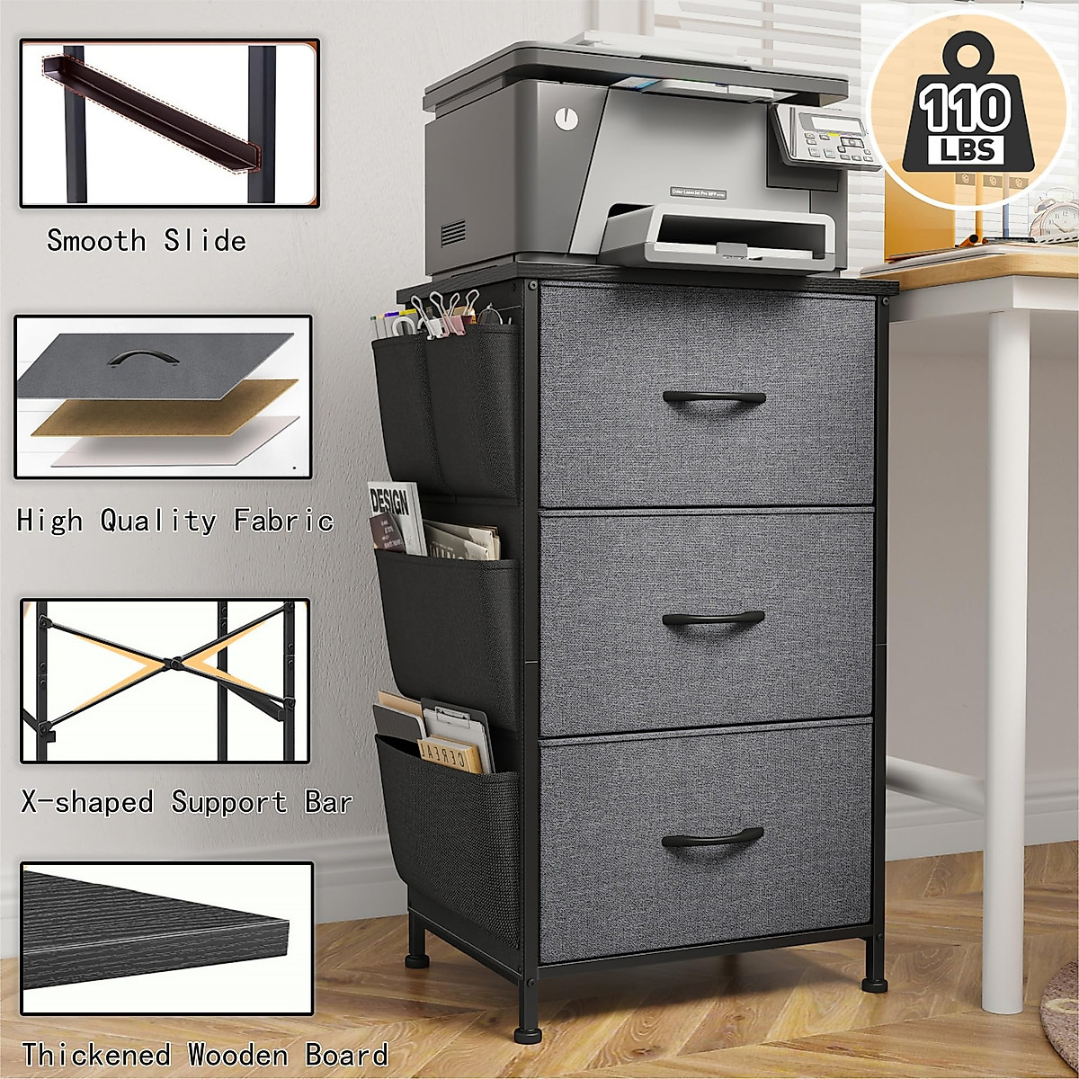 EnHomee Nightstand with 3 Drawers, Night Stand for Bedroom, Bedside Table with Wooden Top, Sturdy Steel Frame End Table, Small Dresser for Bedroom, Living Room, Grey