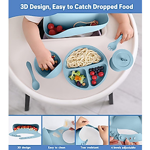 ECLIP Silicone Baby Feeding Set, 10 Pcs Baby Led Weaning Supplies with Suction Bowl Divided Plate Adjustable Bib Soft Spoon Fork Snack Cup with Lid Drinking Cup, Utensil (Blue)