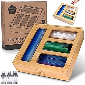 HOME EC Bamboo Ziplock Bag Organizer for Drawer - Plastic ziploc Bag Organizer for Drawer - Baggie Organizer for Drawer - Storage Bag Organizer Kitchen Drawer - Sandwich Bag Organizer for Drawer