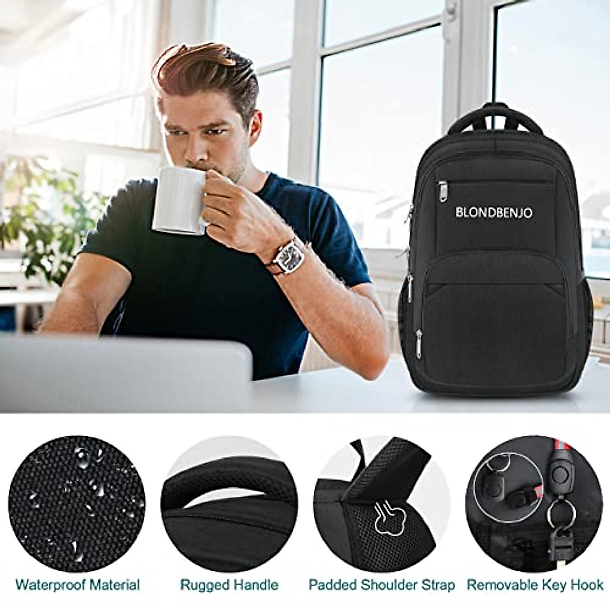 BlondBenjo Travel Backpack, Extra Large 50L Laptop Backpacks for Men Women, Water Resistant Backpack Airline Approved Business Work Bag with USB Charging Port Fits 17.7 Inch Computer, Black