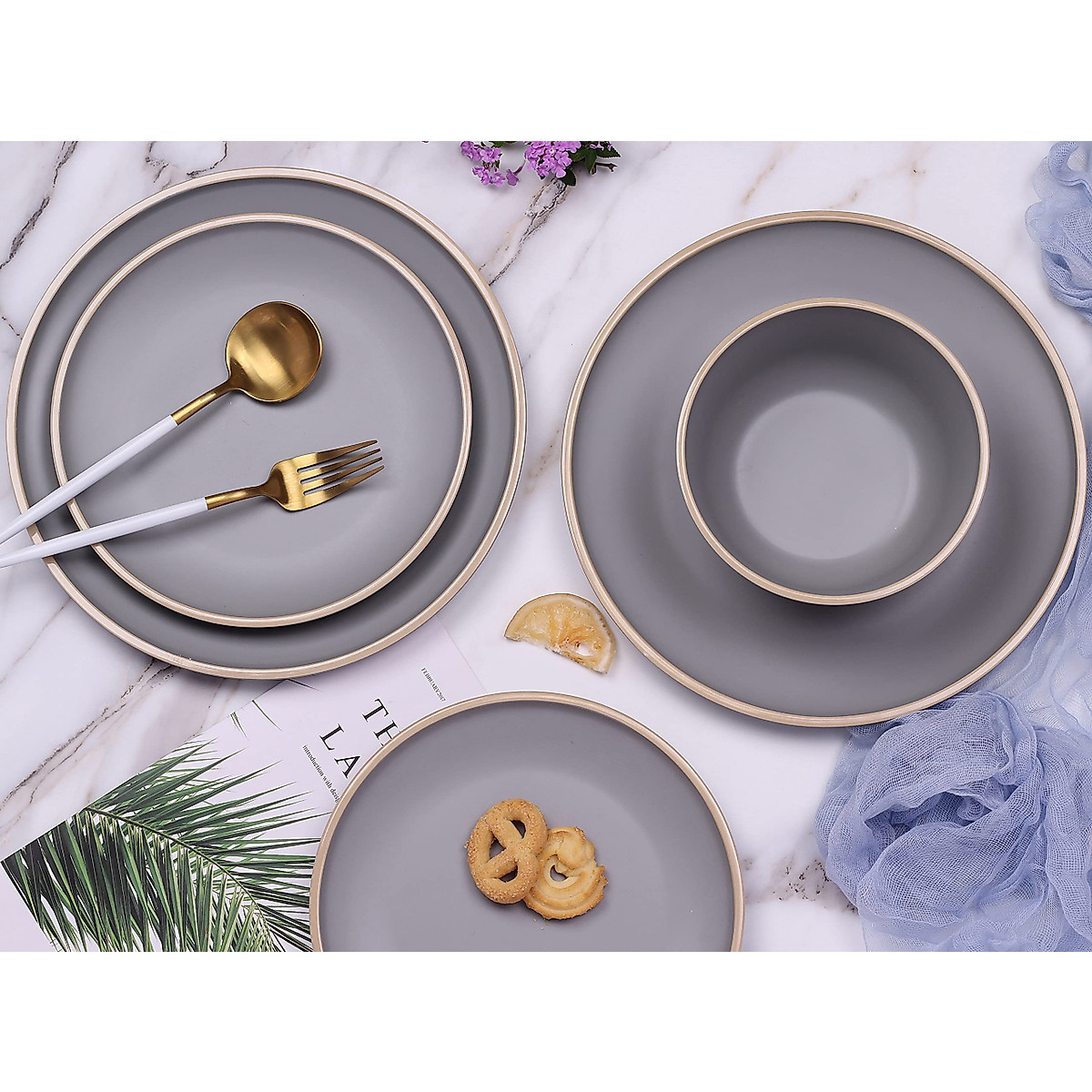 Gufaith Melamine Dinnerware Sets for 4, Plates and Bowls Sets 12 Piece, Melamine Plates, Plate Sets, Dish Set for 4, Unbreakable Dinnerware Set, BPA Free, Suitable Indoors and Outdoors (Light Grey)