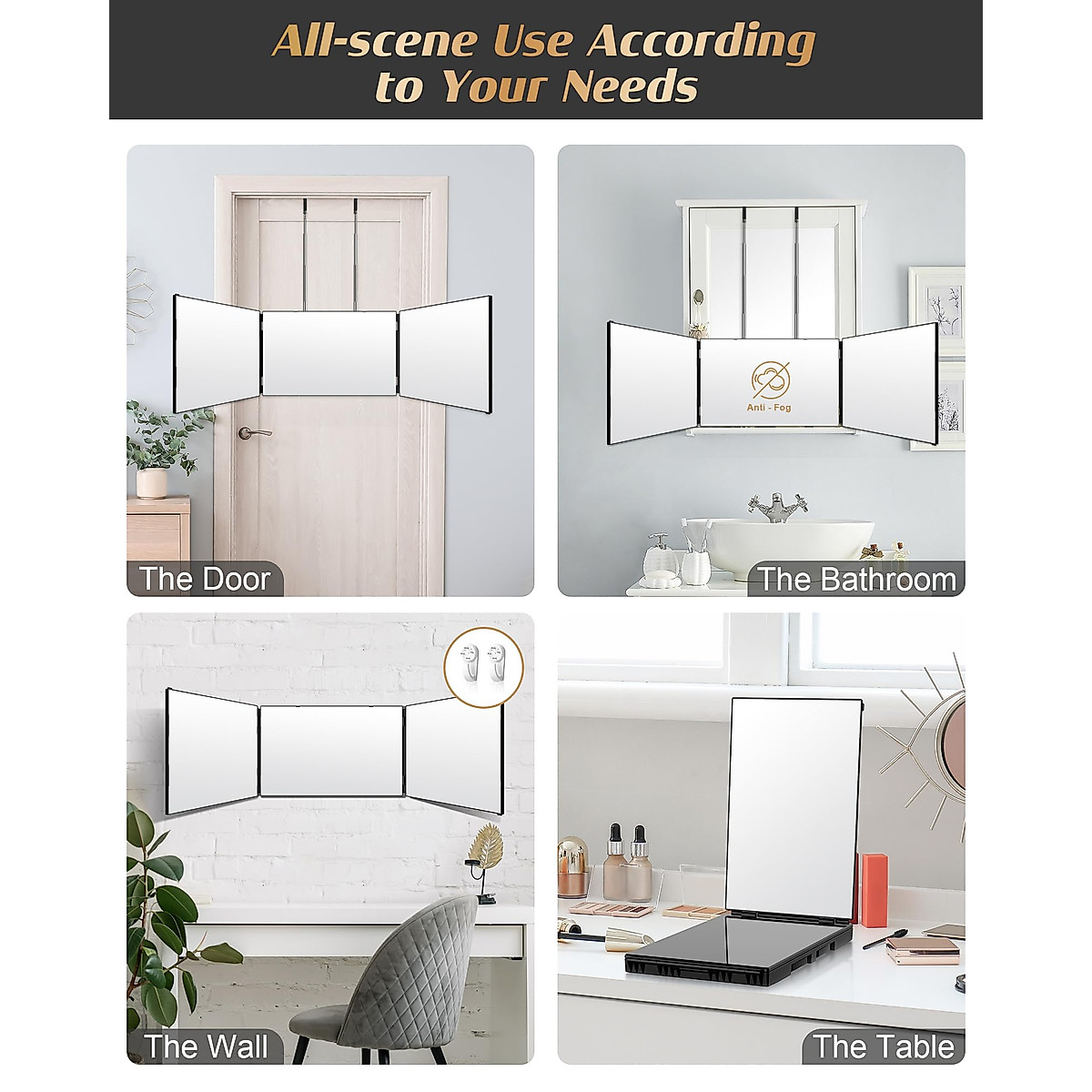 JUSRON 3 Way Mirror for Hair Cutting, 360 Mirror with Height Adjustable Hooks for Door, Bathroom, Portable Trifold Shaving Barber Mirror for Makeup, Cut, Trim (Black Without LED)