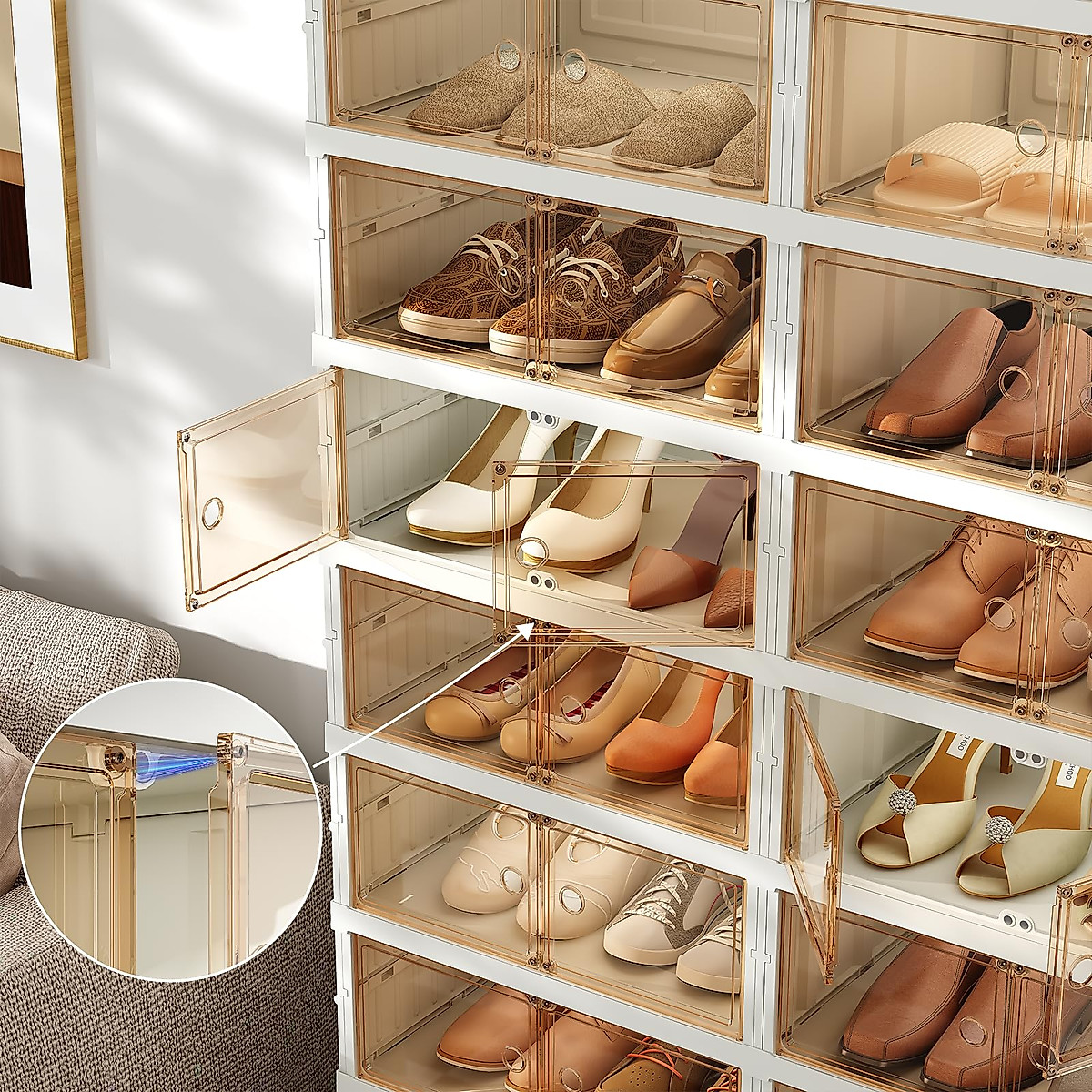 Redlife 9 Tier Foldable Shoe Rack Organizer for Closet, 18-36 Pairs Plastic Shoe Shelf Collapsible Shoes Storage Box, Clear Shoe Boxes with Door, Shoe Cabinet with Lids, Large Tall Shoe Cabinet