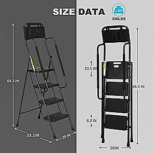 HBTower 4 Step Ladder with Handrails, Folding Step Stool with Attachable Tool Bag & Anti-Slip Wide Pedal for Home Kitchen Pantry Office, 330lbs Capacity Black