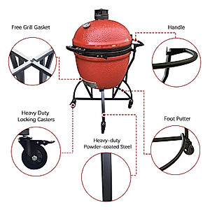 Rolling Cart with Handle+Foot Putter for Kamado Je Big Joe Accessories,Rolling Cart with Heavy Duty Locking Caster Wheels Powder Coated Steel Rolling Outdoor Cart for Kamado Big Joe Grill Stand