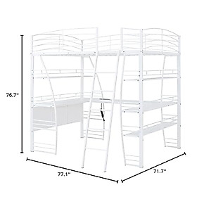 Lifeand Full Size Loft Bed with 4 Layers of Shelves and L-shaped Desk, Stylish Metal Frame Bed with a set of Sockets, USB Ports and and Wireless Charging, White