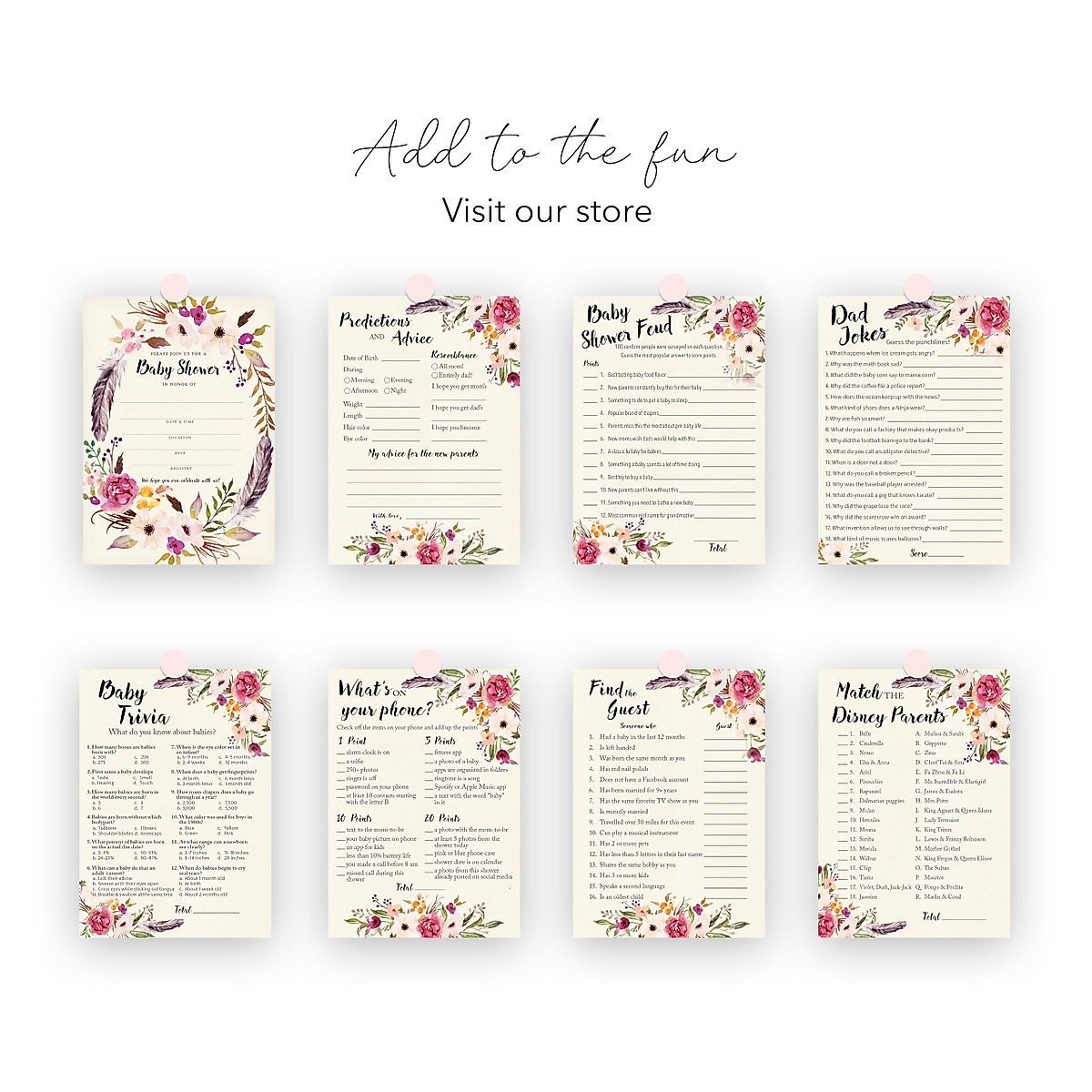 BOHO Prediction and Advice Cards - Pack of 25 - BOHEMIAN Pink GIRL Baby Shower Games, Floral Wishes for New Parents Mom & Dad to be Mommy & Daddy Message, Coed Shower Activity Keepsake Book G400-PDAV