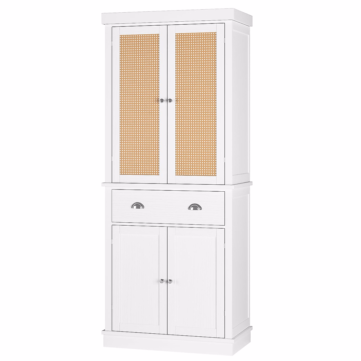 FACBOTALL 72.4” Kitchen Pantry Cabinet, Freestanding Cupboard with Rattan Doors and Large Drawer, Utility Pantry Cabinet, Tall Kitchen Pantry Storage Cabinet for Kitchen, Dining Room, White