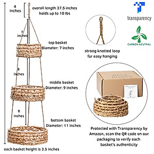 Hanging Fruit Basket 3 Tier for Kitchen, Handmade Natural Rattan Handwoven Wicker Seagrass Woven Wall Baskets Vegetable Organizer Produce Fruit Holder Counter Space Saver Storage Boho Hanging Planter