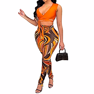Uni Clau Women Sexy See Through Two Piece Jumpsuits Tie Dye Short Sleeve Bandage Crop Tops Sheer Mesh Skinny Long Pants Club Romper Outfits Orange XL