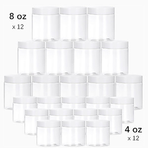 TUZAZO 24 Pack Empty Plastic Slime Containers with Lids and Labels - 12pcs 8 OZ and 12pcs 4 OZ Small Plastic Jars for Lotion, Cream, Ointments, Makeup, Glitters, Samples, Travel Storage