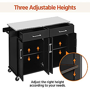 Yaheetech Kitchen Island Cart with Stainless Steel Countertop, Rolling Kitchen Storage Cabinet on Wheels with 2 Drawers and Inner Adjustable Shelves for Dining Room, 50.5 Inch Width, Black