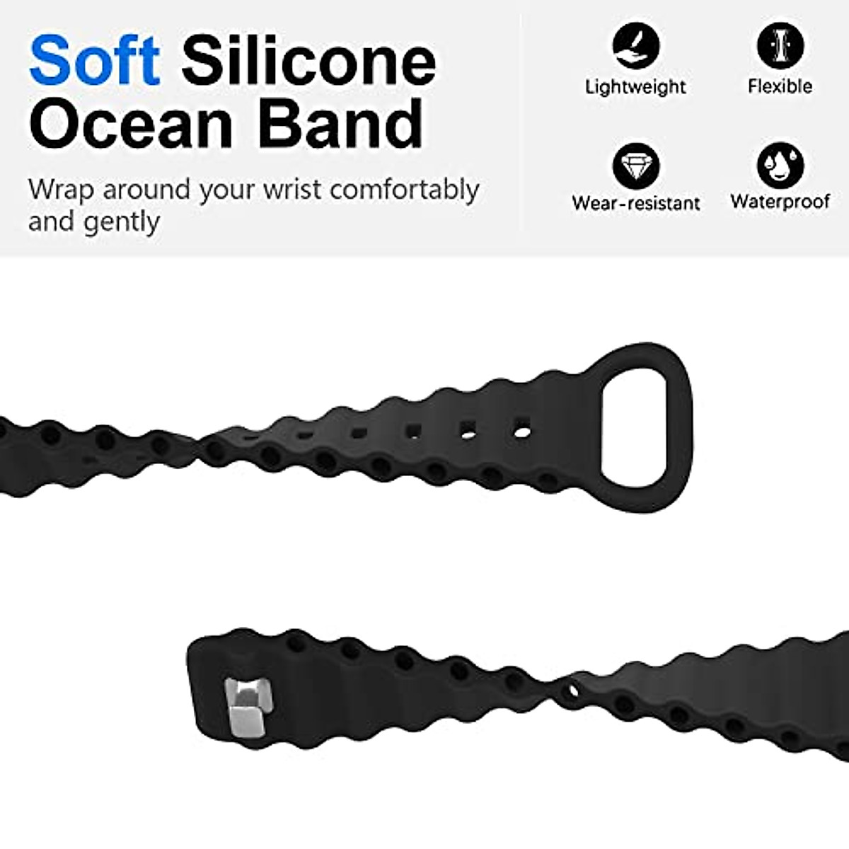 Astorgos Ocean Silicone Band Compatible with Apple Watch Band Ultra2 Ultra 49mm 45mm 44mm 42mm iWatch Series 9 8 7 SE2 SE 6 5 4 3 2 1,Adjustable Band Breathable Replacement Strap for Women Men,Black