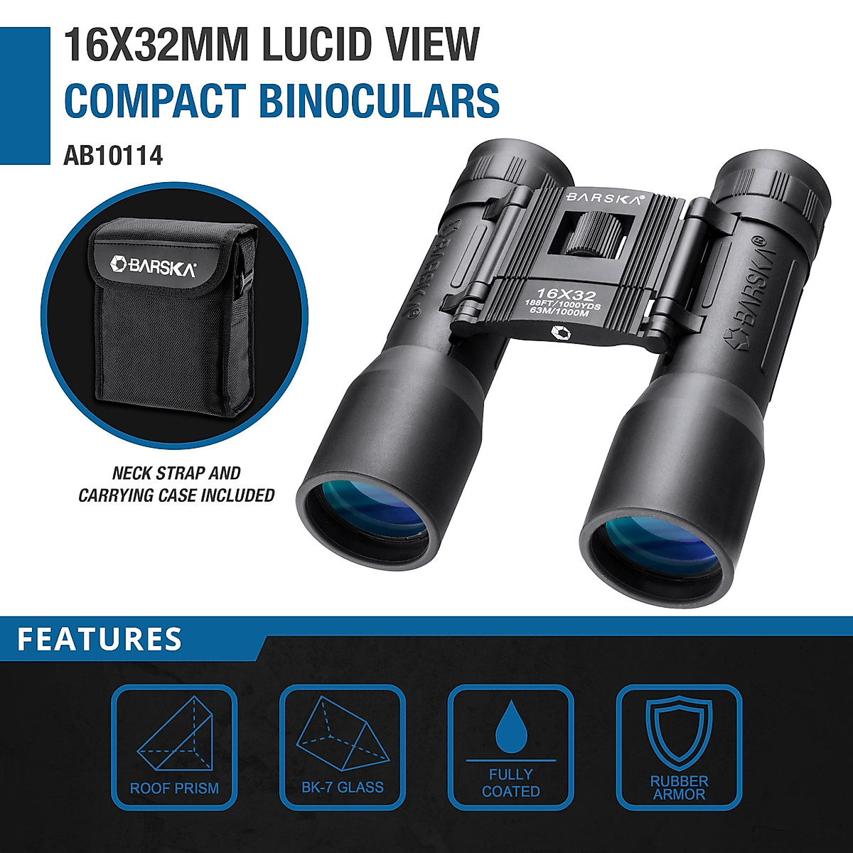 BARSKA Lucid 16x32 Compact Binocular (Black)