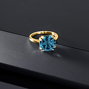 Gem Stone King 18K Yellow Gold Plated Silver London Blue Topaz Ring For Women (5.20 Cttw, Cushion 10MM, Gemstone Birthstone, Available In Size 5, 6, 7, 8, 9)