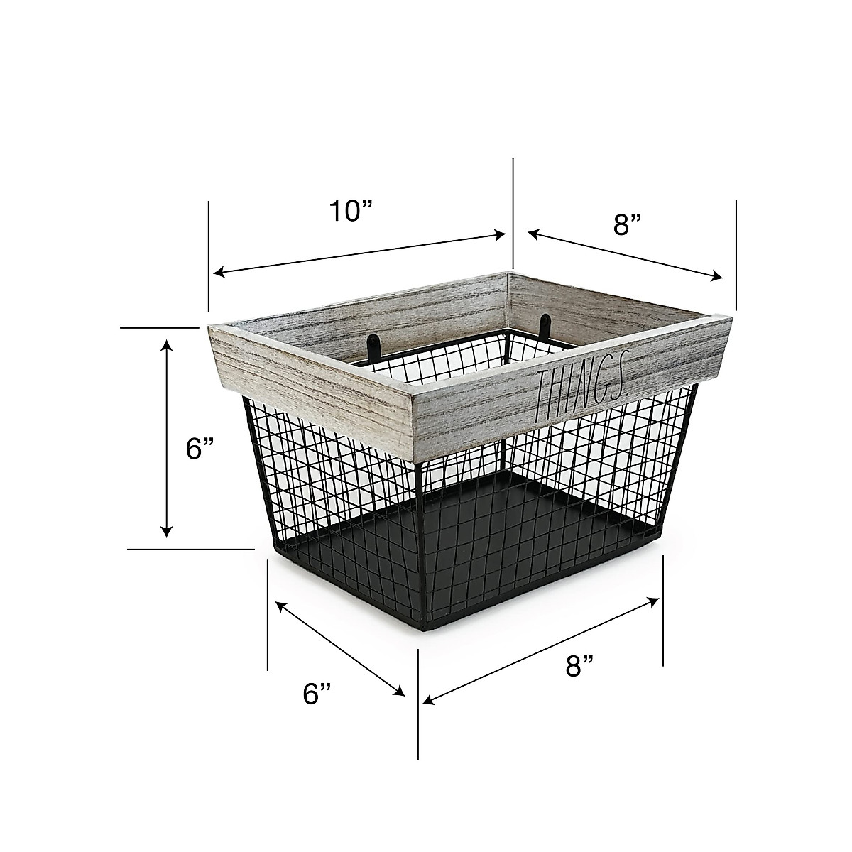 Rae Dunn Things Wire Storage Basket – Metal and Solid White Wash Wood Organizer – Decorative Storage Bin – Home & Office Organizers for Desk, Bedroom, Living Room, Closet and More